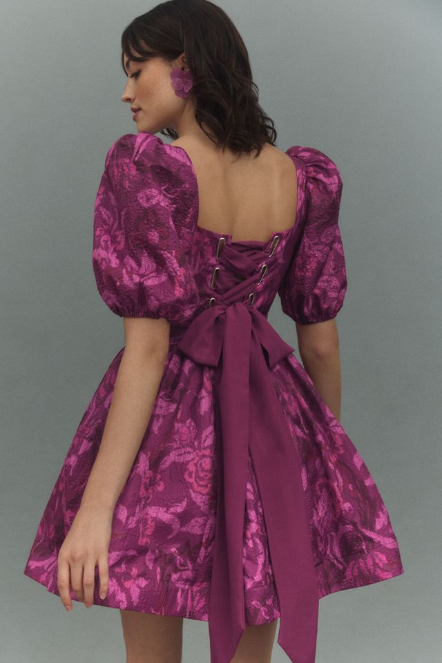 Bhldn Chloe Puff Sleeve Square Neck Jacquard Mini Dress Anthropologie