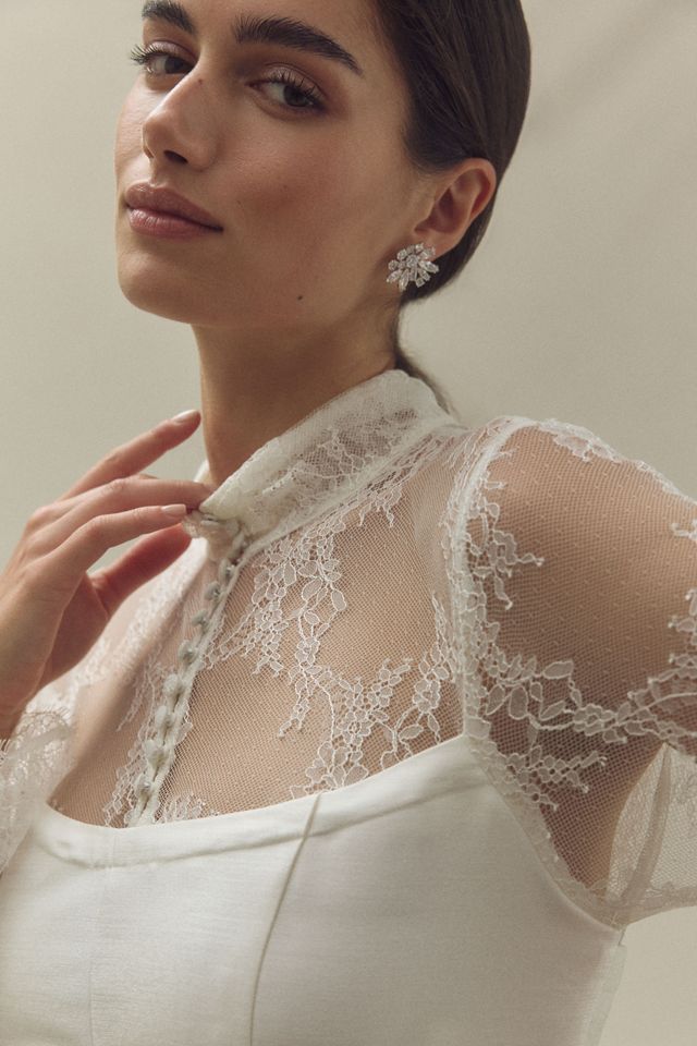 Bhldn Long Sleeve High Neck Lace Fit And Flare Mini Dress Anthropologie