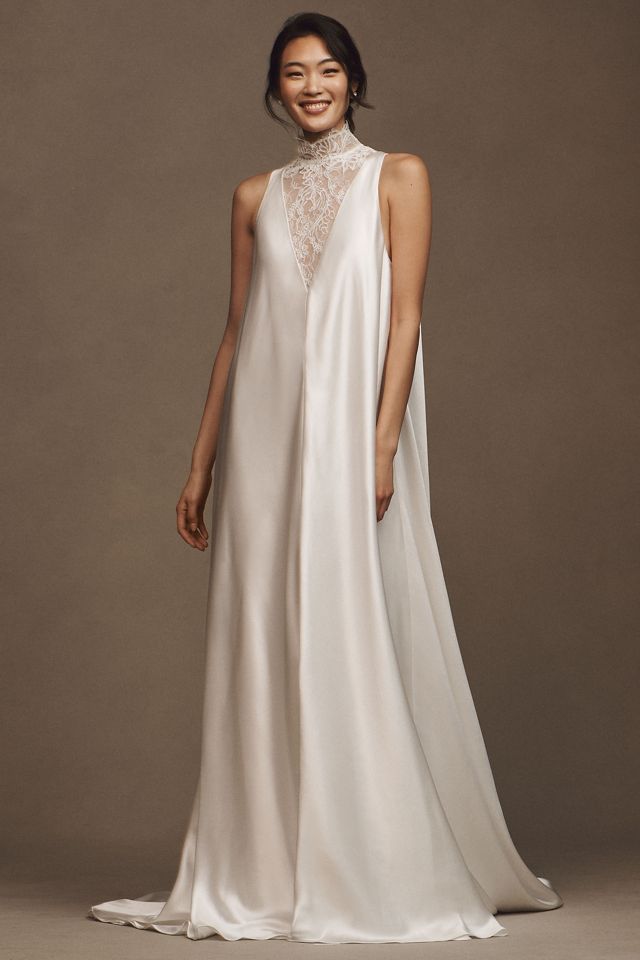 OUMA Thierry High-Neck French Lace & Bias-Cut Satin Wedding Gown ...