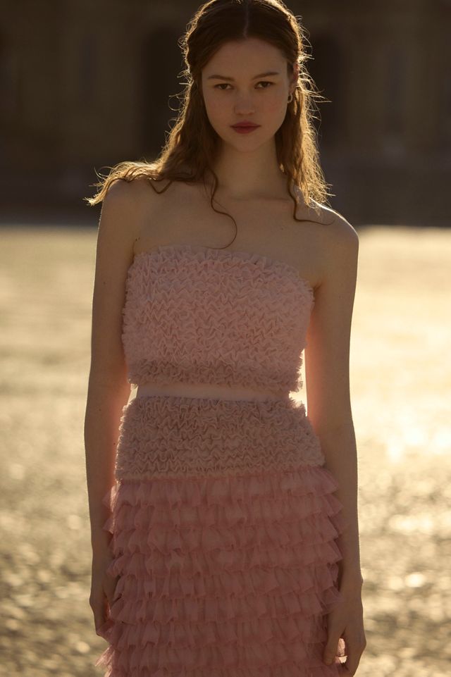 Bhldn Juliet Strapless Tulle Ruffle Midi Dress Anthropologie