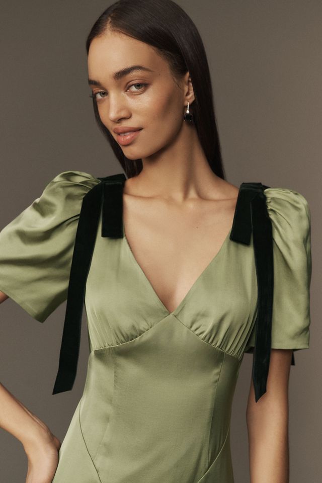 Mare Mare Bree Puff-Sleeve V-Neck Satin Slip Midi Dress | Anthropologie