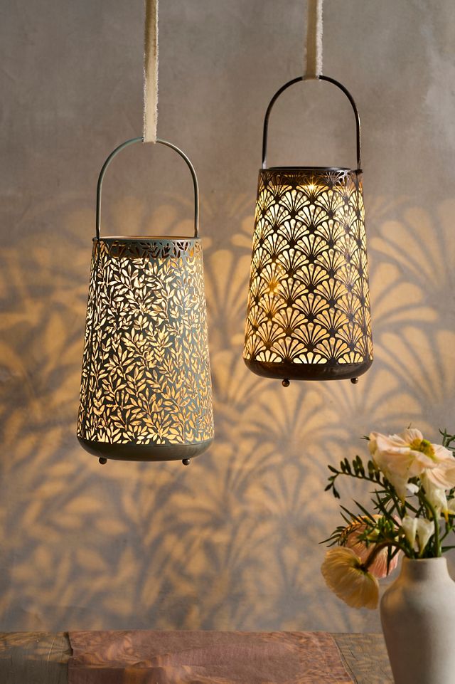 Perforated Foliage Solar Lantern, Brown | Terrain