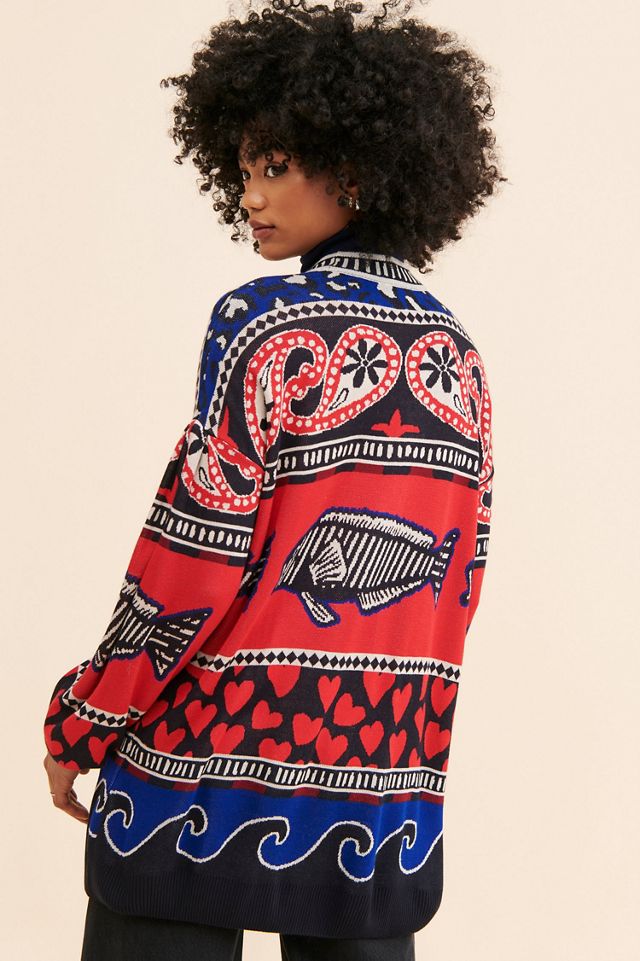 FARM Rio Navy Mixed Prints Knit Cardigan | Anthropologie