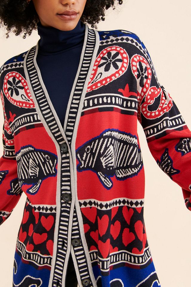 FARM Rio Navy Mixed Prints Knit Cardigan | Anthropologie