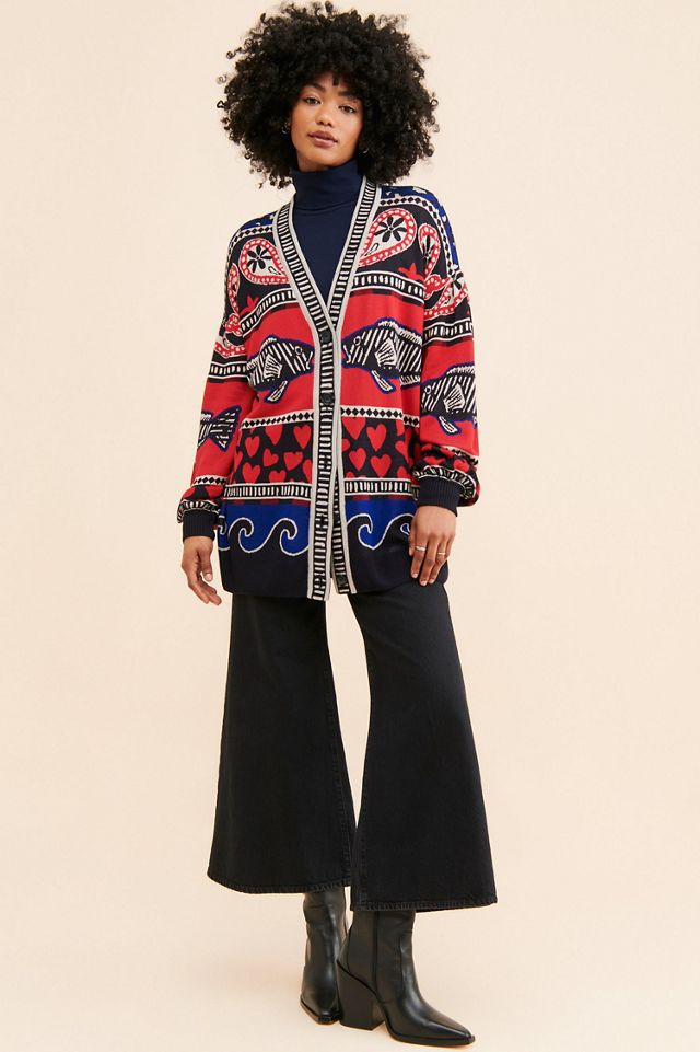 FARM Rio Navy Mixed Prints Knit Cardigan | Anthropologie