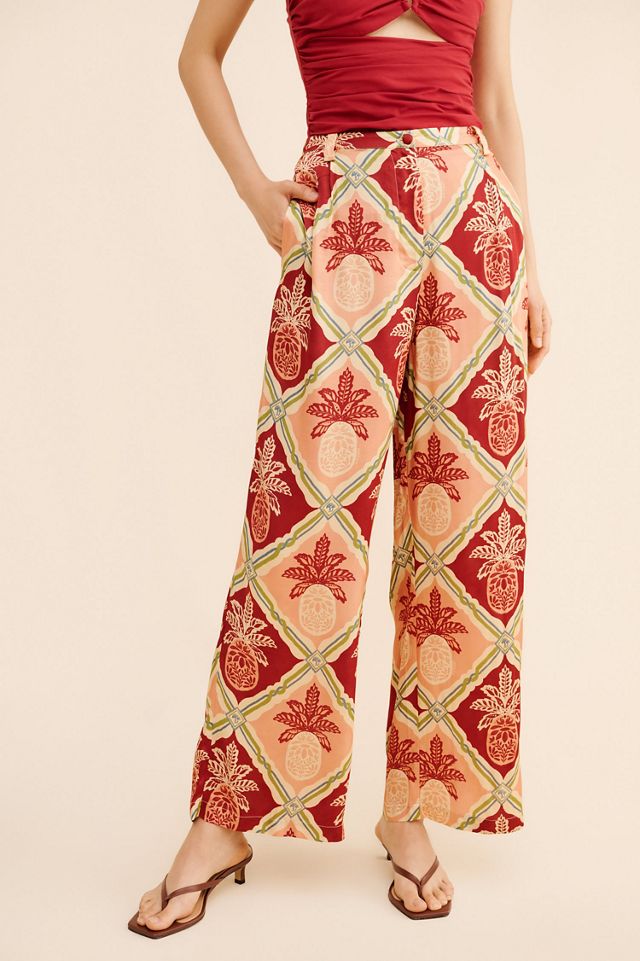 FARM Rio Pineapple Satin Wide-Leg Pants | Anthropologie