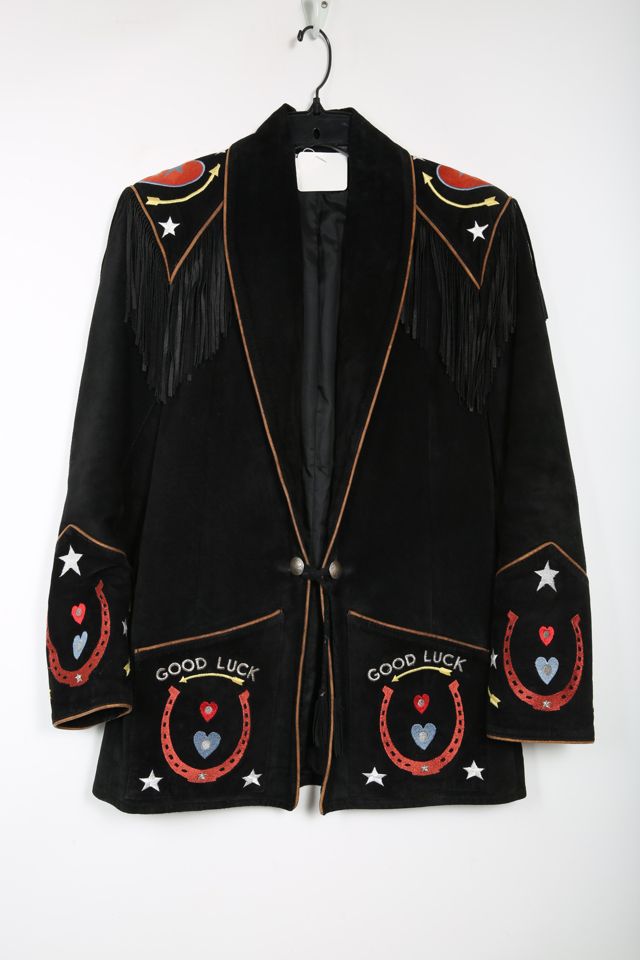 Vintage Black Suede GOOD LUCK Western Cowgirl Fringe Jacket Selected by ...