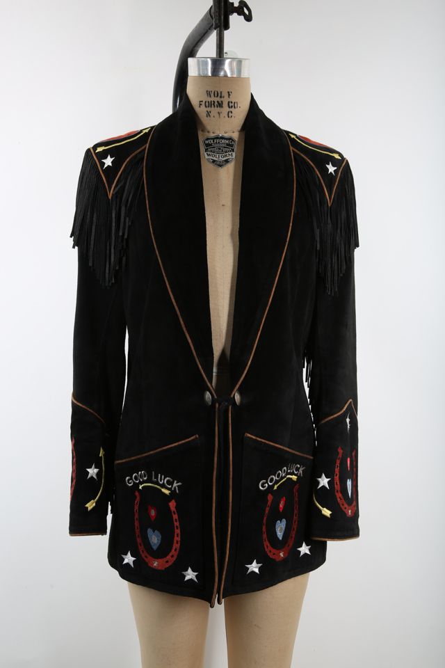 Vintage Black Suede GOOD LUCK Western Cowgirl Fringe Jacket Selected by ...
