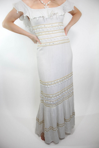 Off-The-Shoulder Cowrie Shell White Muslin Cotton Maxi Dress Selected ...