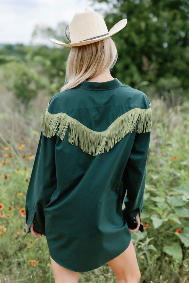 Remade Deep Green Fringe Yoke Shirt by Lauren Owen of Texas | Free People