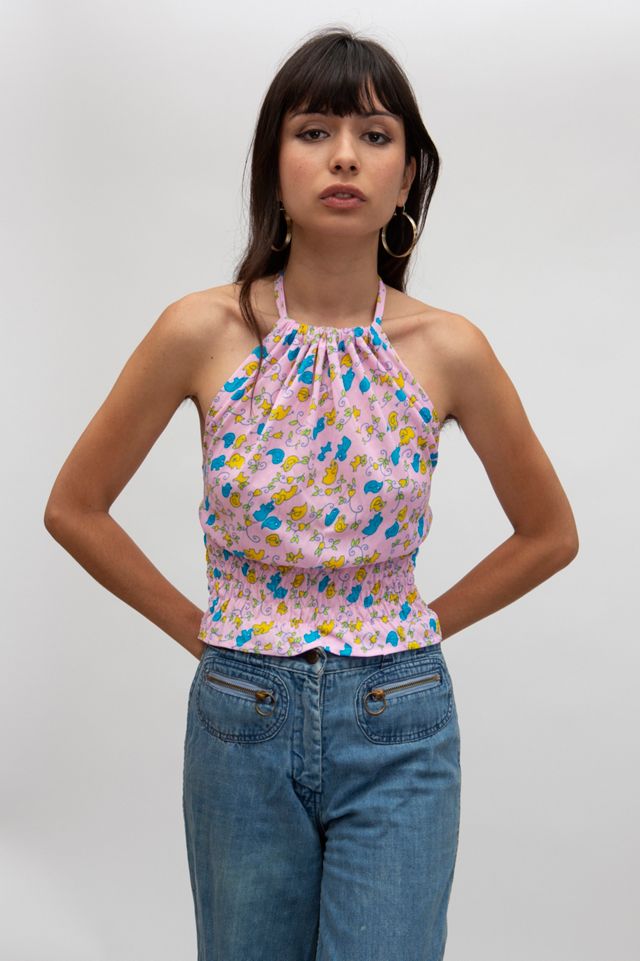1970s Soft Pink Elephants and Chicks Printed Nylon Halter Top Selected ...