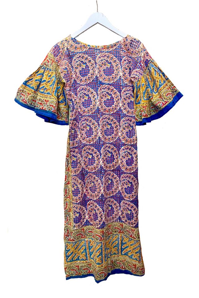 Vintage Bohemian Block Print Dress with Ruffle Sleeves Selected by ...