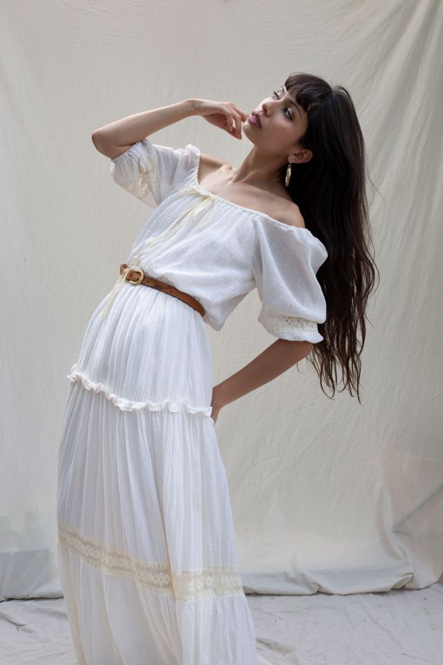 1970s Cream Off-Shoulder Balloon Sleeve Gauze Prairie Dress Selected by ...