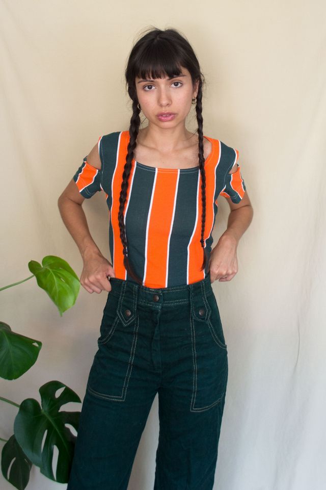 1980s/90s Orange and Forest Green Peek-a-Boo Shoulder Striped T-Shirt ...
