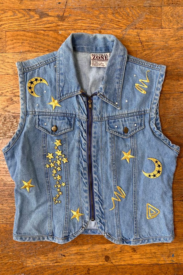 1990 Denim Vest with Celestial Appliqué Selected by Cherry | Free People
