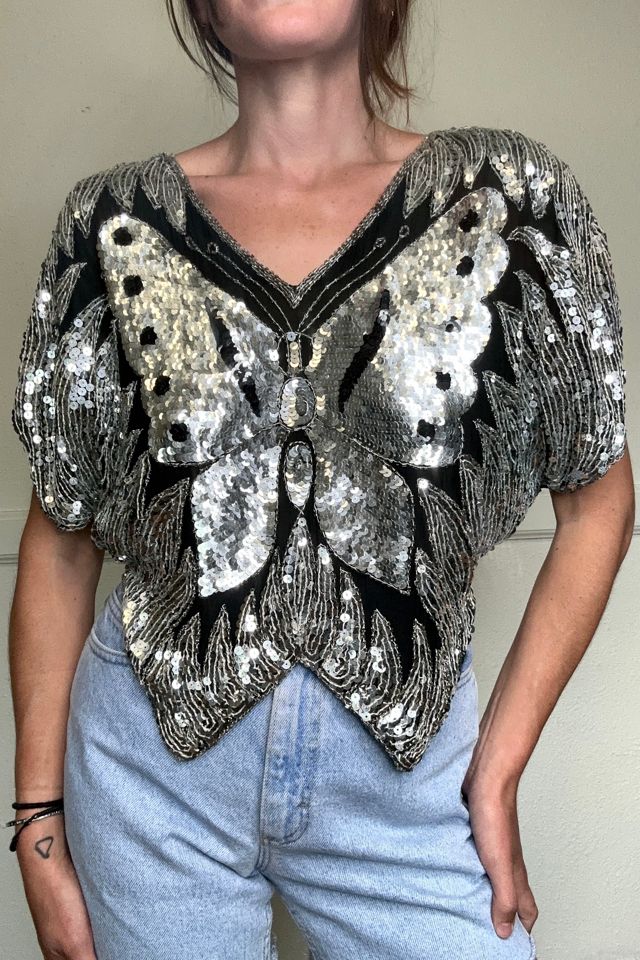 1970s Silver Sequin Butterfly Top Selected by Cherry | Free People
