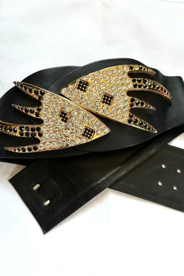 Vintage Black Leather Belt with Rhinestone Figures Selected by Cherry ...
