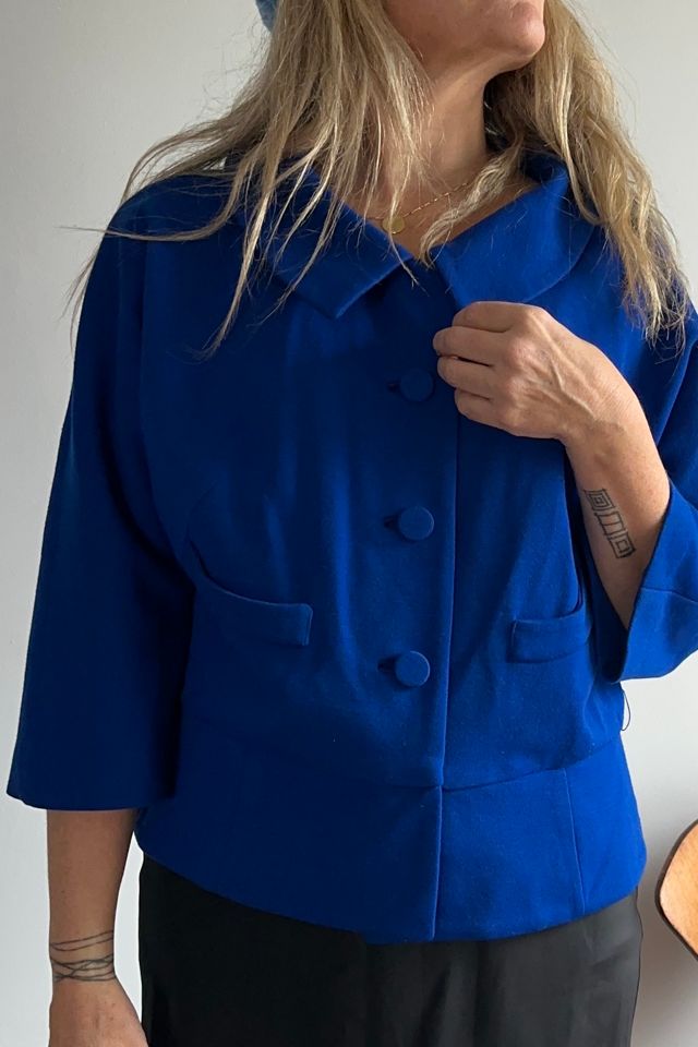 Vintage Wool Double Knit Cobalt Blue Jacket with Covered Buttons ...