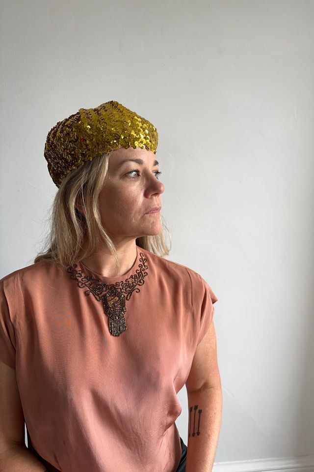 Vintage Pale Terra Cotta Short Sleeved Silk Blouse with Beaded Neckline ...