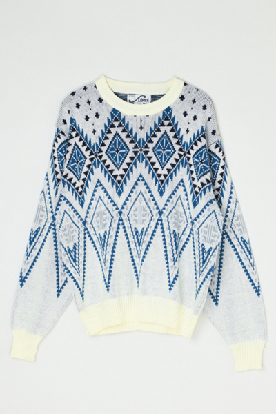 Vintage 70s White & Blue Patterned Knit Sweater | Urban Outfitters