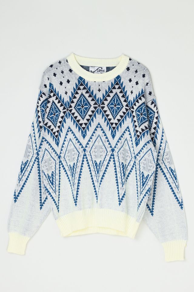 Vintage 70s White & Blue Patterned Knit Sweater | Urban Outfitters