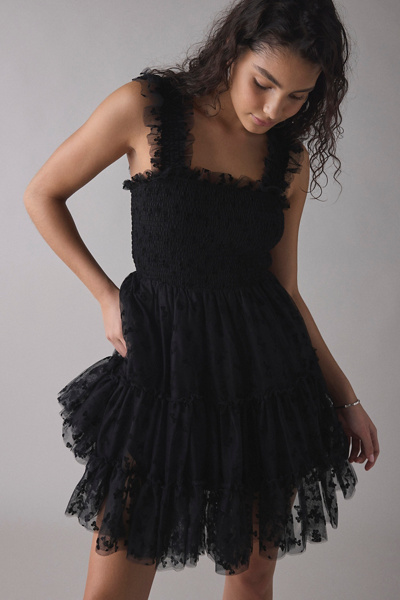 En Saison Casey Flutter Bow Flocked Mesh Mini Dress | Urban Outfitters