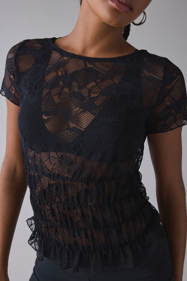 Kimchi Blue Miley Sheer Lace Smocked Crop Top | Urban Outfitters