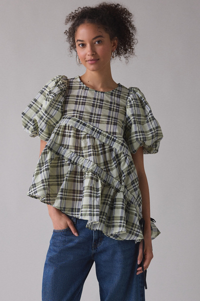 Ghospell Michaela Asymmetric Ruched Puff Sleeve Top | Urban Outfitters