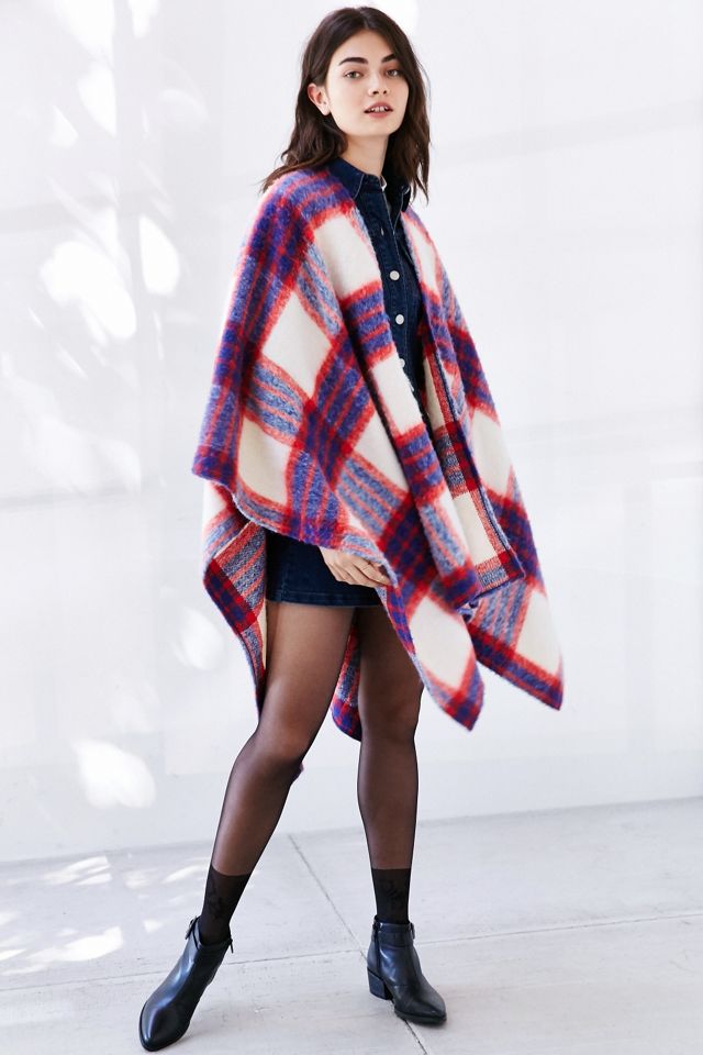 Brushed Plaid Open Poncho | Urban Outfitters