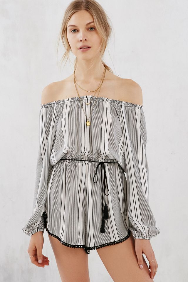 Ecote Stripe Off-The-Shoulder Romper | Urban Outfitters