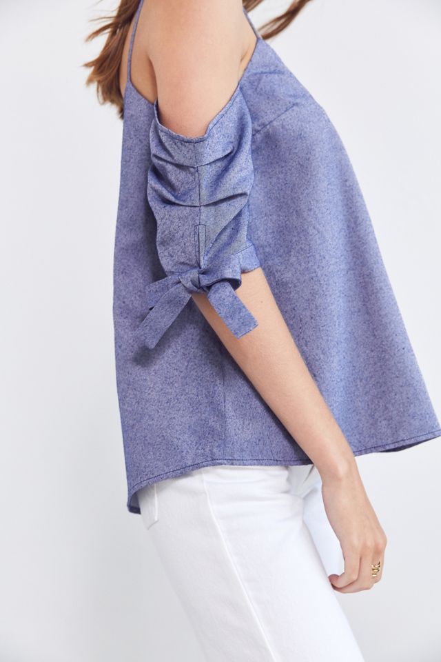 Silence + Noise Chambray Cold-Shoulder Tie Top | Urban Outfitters