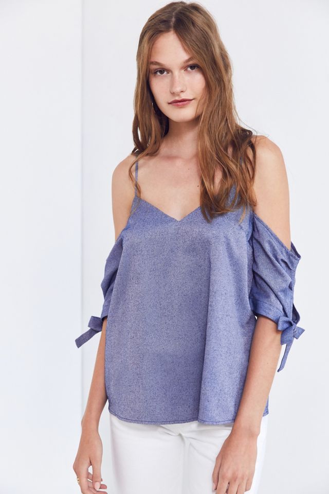 Silence + Noise Chambray Cold-Shoulder Tie Top | Urban Outfitters