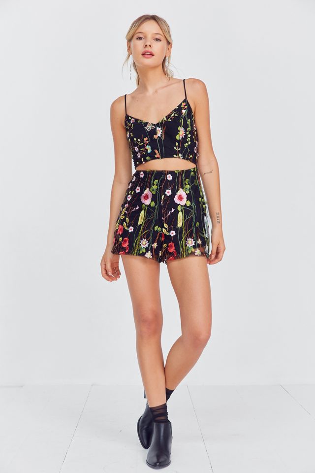 Kimchi Blue Floral Embroidered Mesh Cut-Out Romper | Urban Outfitters
