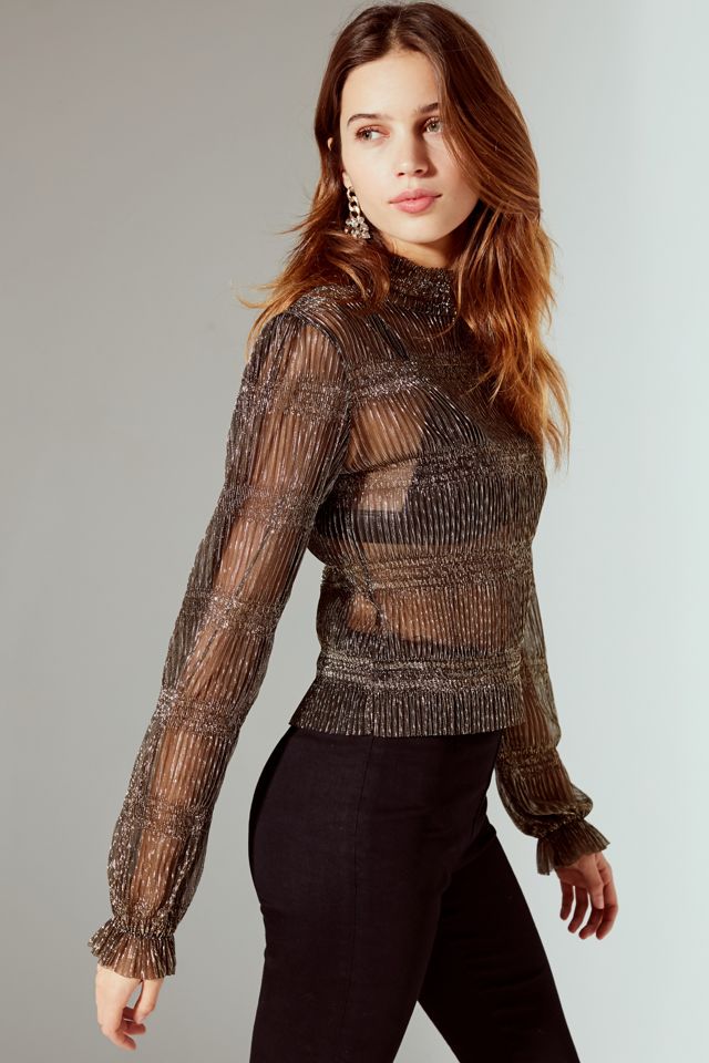 UO Kali Sheer Shimmer Mock Neck Top | Urban Outfitters