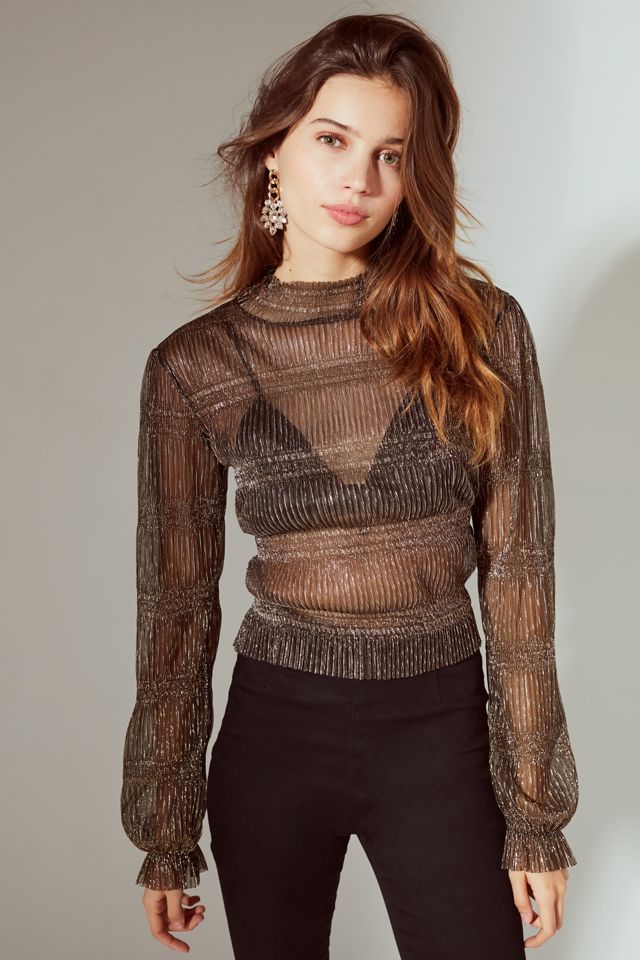 UO Kali Sheer Shimmer Mock Neck Top | Urban Outfitters