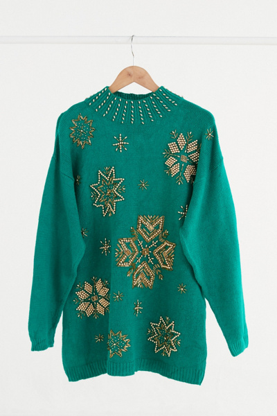 Vintage Gold Beaded Green Sweater | Urban Outfitters Canada