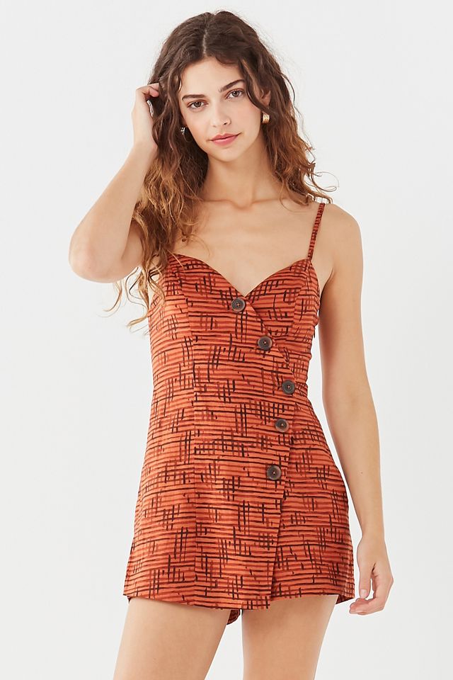 UO Dasha Button-Down Wrap Romper | Urban Outfitters