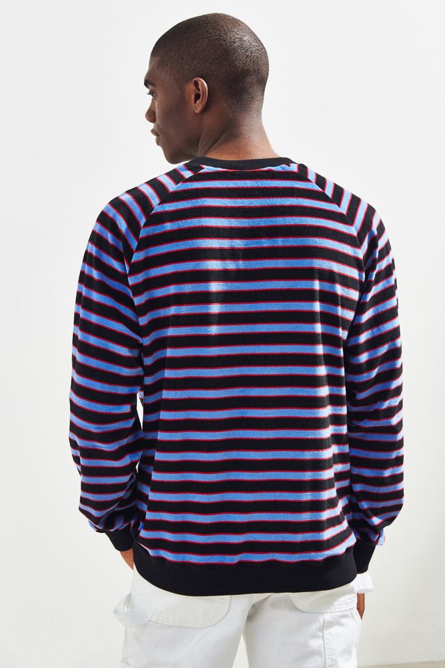 Lazy Oaf Blue Stripe Velour Crew Neck Sweatshirt | Urban Outfitters