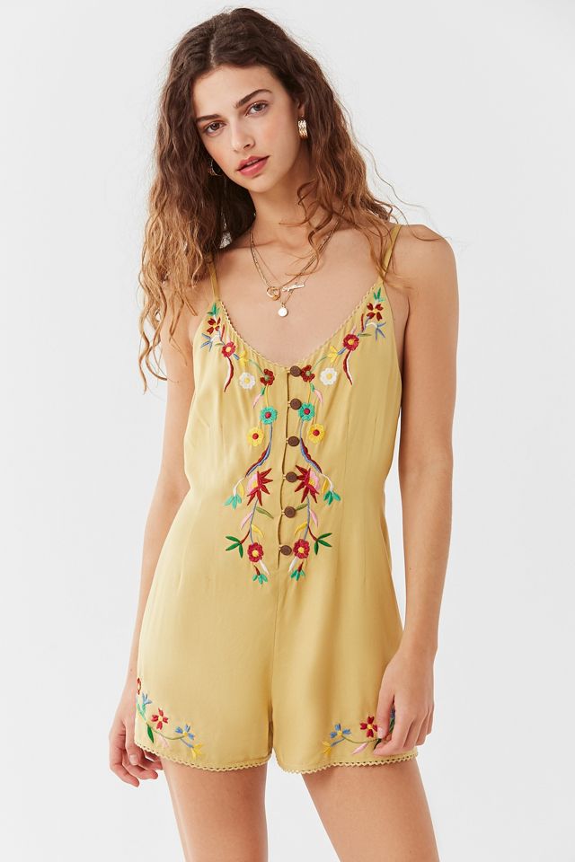 UO Bella Embroidered Button-Down Romper | Urban Outfitters