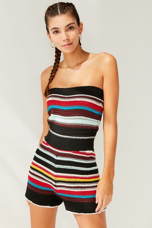 UO Striped Crochet Strapless Romper | Urban Outfitters