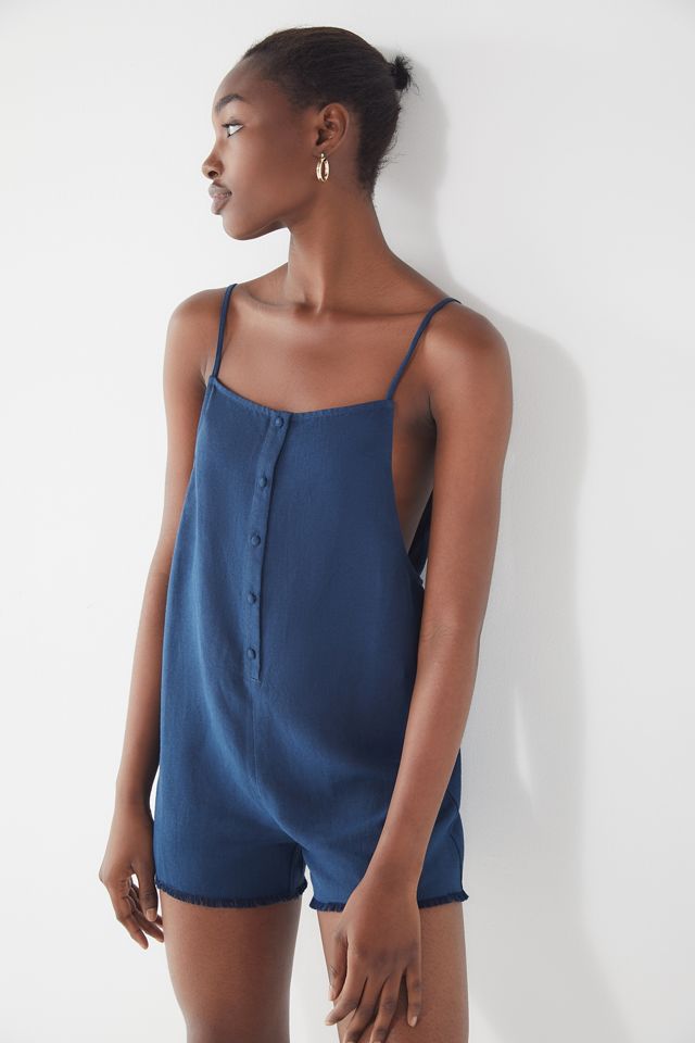 UO Button-Down Frayed Linen Romper | Urban Outfitters
