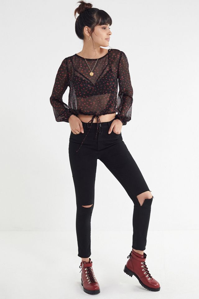 UO Hawthorne Floral Sheer Cropped Top | Urban Outfitters