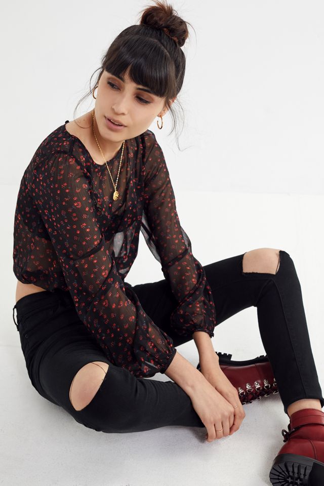 UO Hawthorne Floral Sheer Cropped Top | Urban Outfitters
