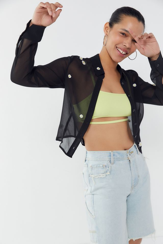 UO Leo Daisy Sheer Button-Down Cropped Top | Urban Outfitters