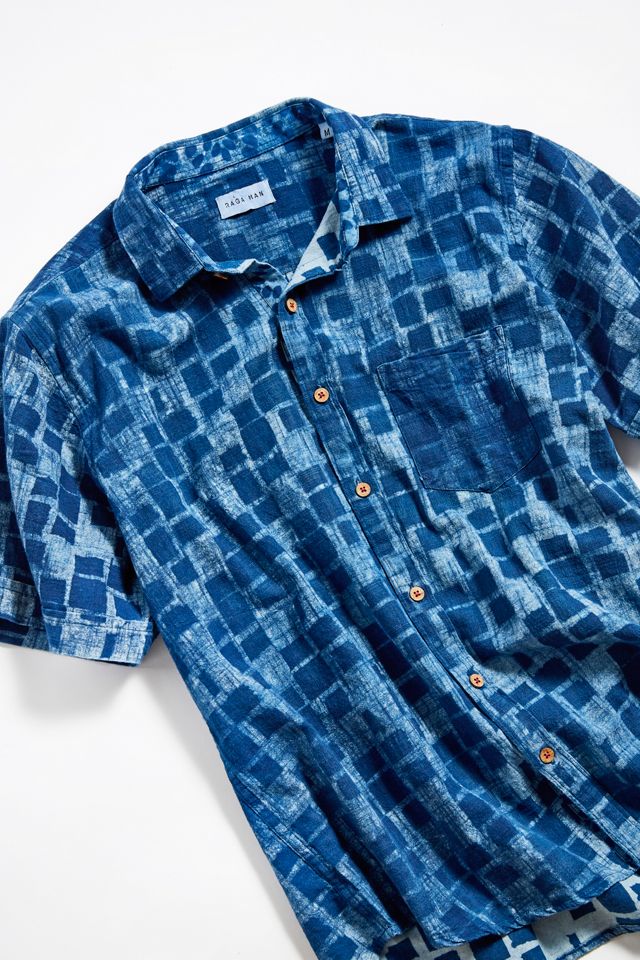 Raga Man Indigo Blocks Short Sleeve Button-Down Shirt | Urban ...