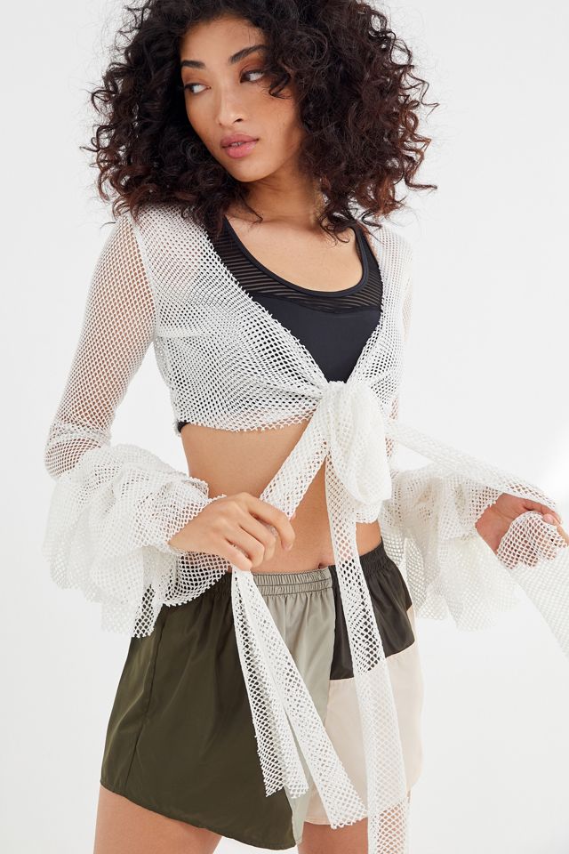 Grayscale Mesh Ruffle Tie-Front Cropped Top | Urban Outfitters