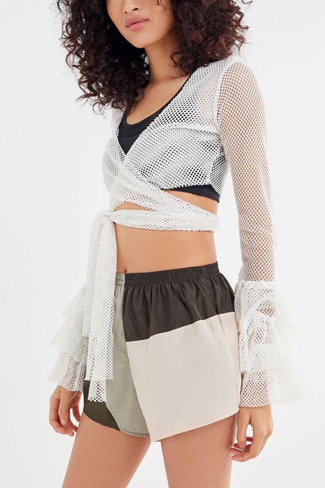 Grayscale Mesh Ruffle Tie-Front Cropped Top | Urban Outfitters