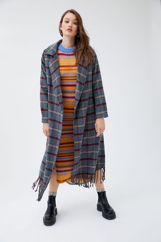 UO Frenchie Checkered Fringe Wrap Coat | Urban Outfitters