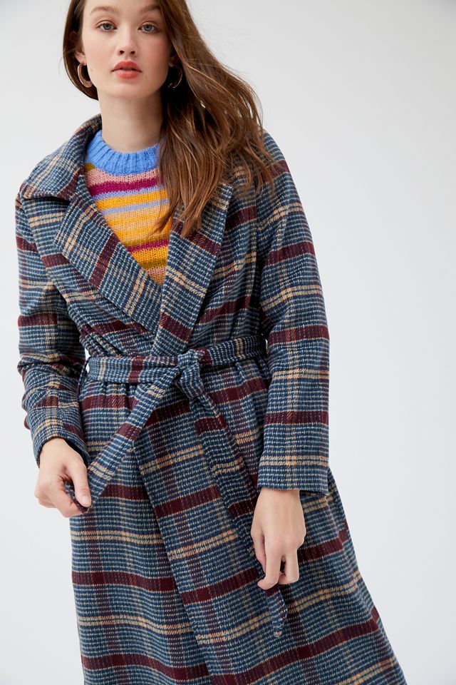 UO Frenchie Checkered Fringe Wrap Coat | Urban Outfitters