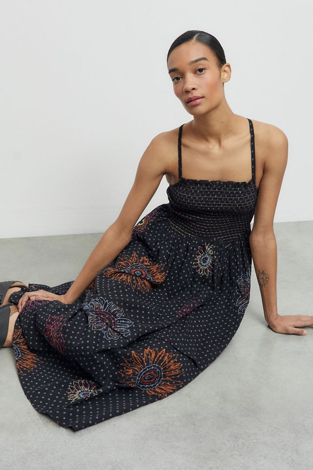 UO Simonette Embroidered Midi Dress | Urban Outfitters